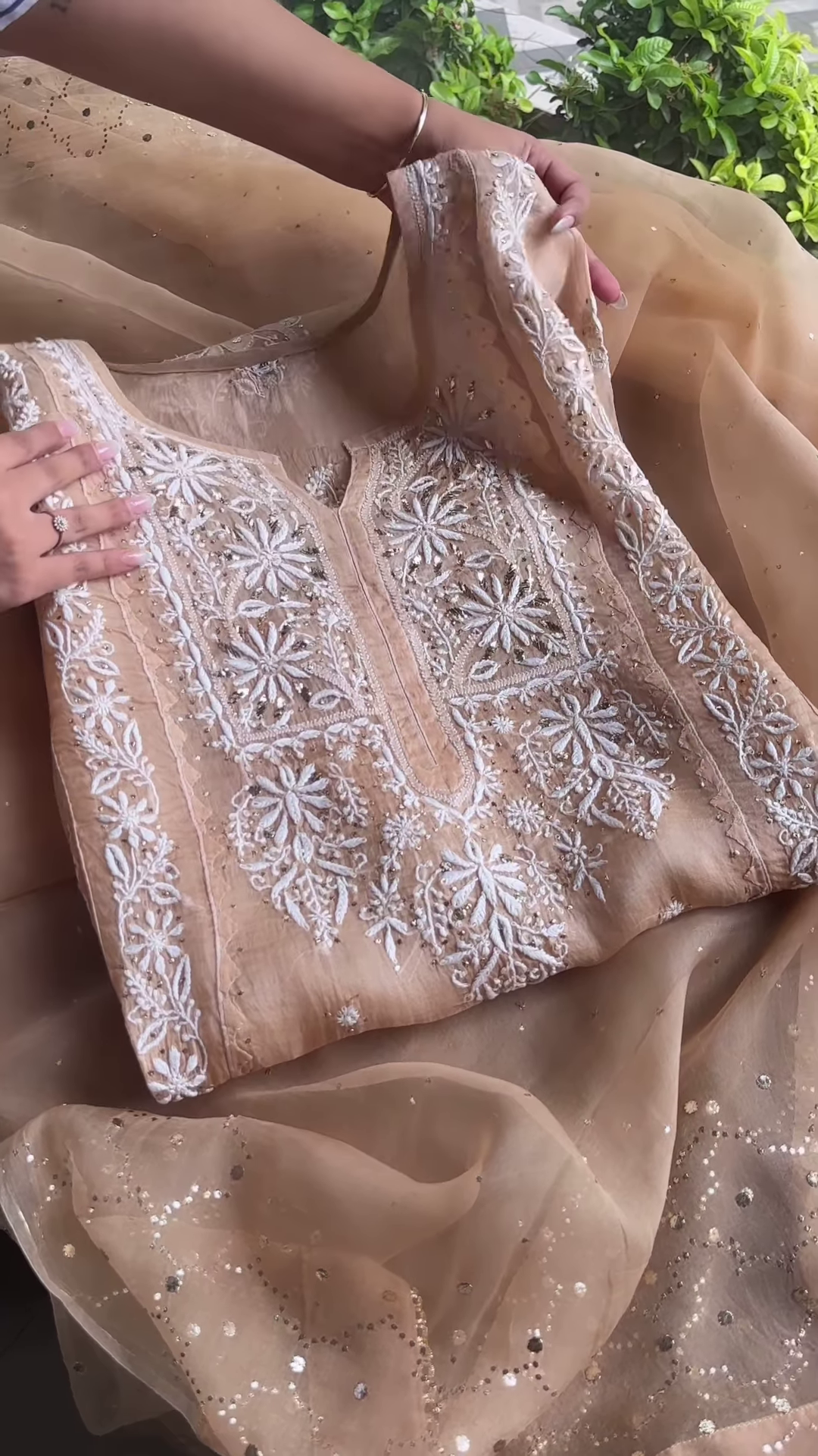 Beige Sheer Embroidered Fabric Panel with White Floral Motifs & Sequin ...