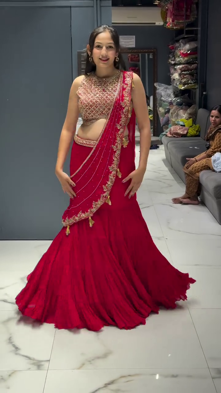 Crimson Red Embroidered Mermaid Lehenga Set